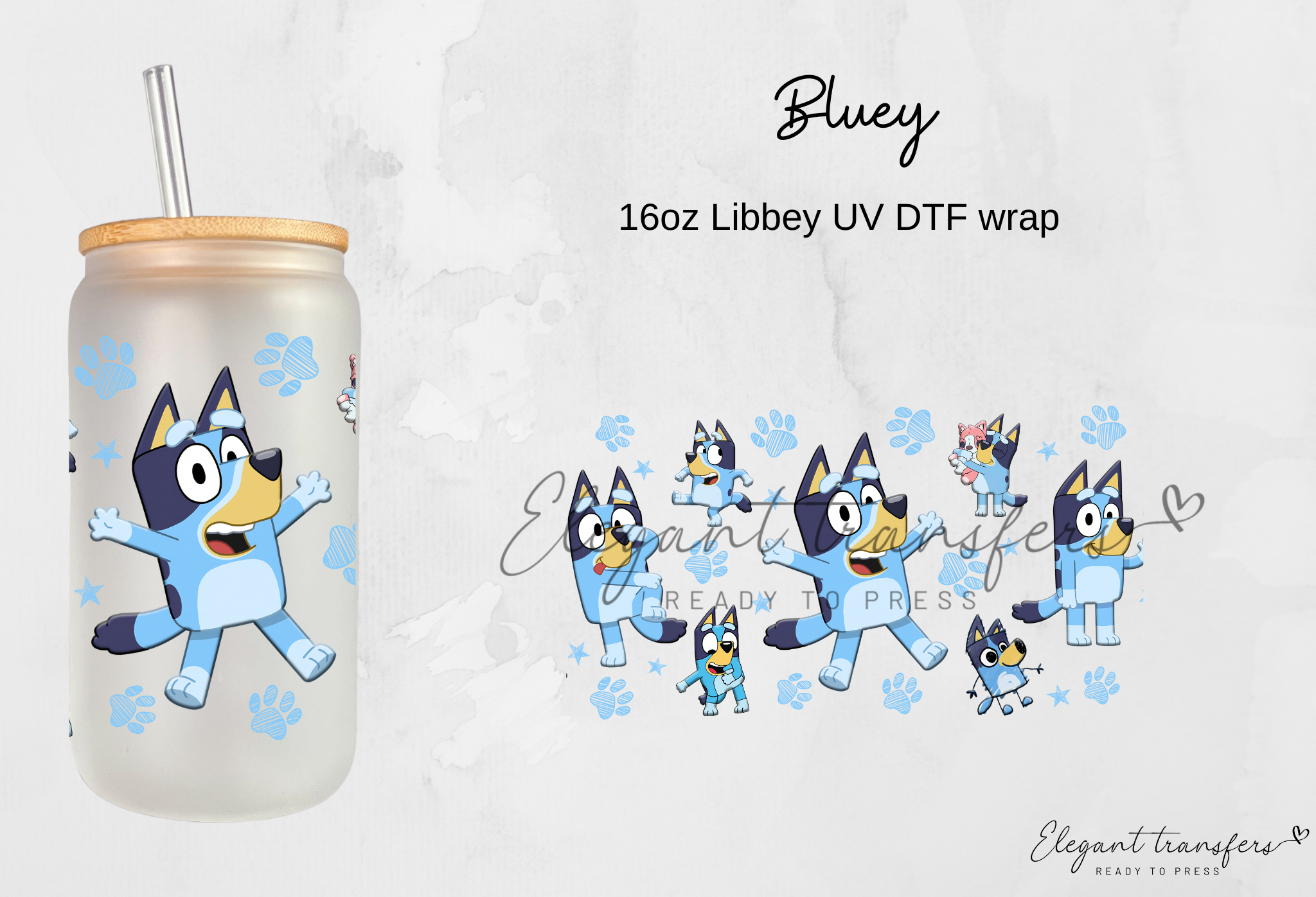 Bluey Cup Wrap [UV DTF - 16oz Libbey Glass Can] | Ready to Apply | Phy ...