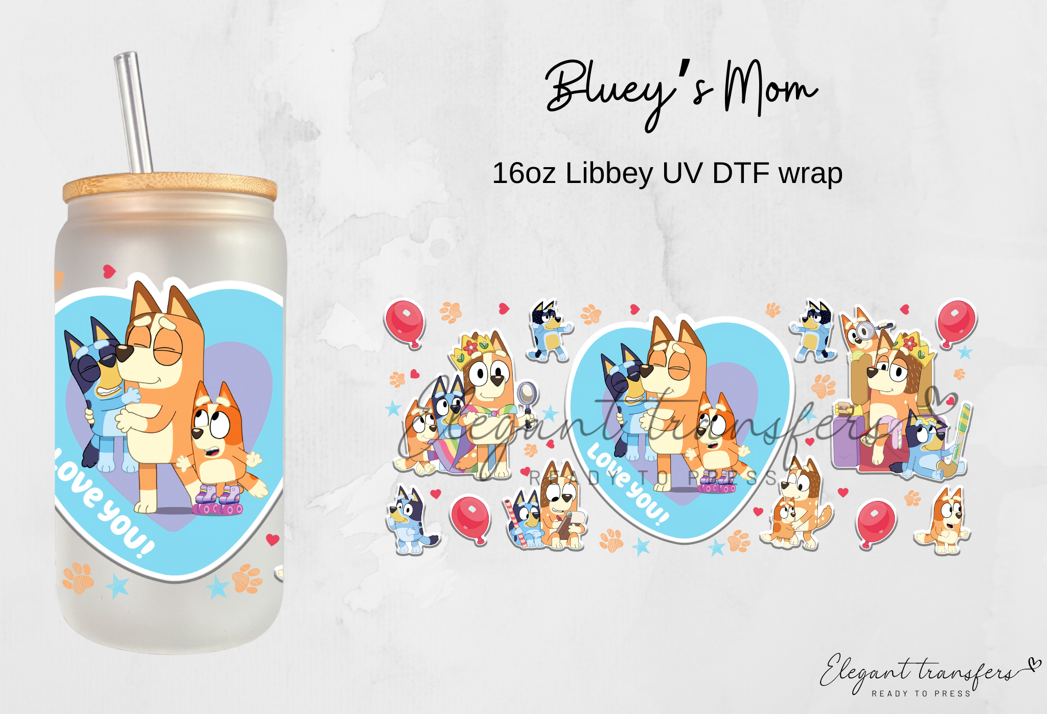 Bluey’s Mom Cup Wrap [UV DTF - 16oz Libbey Glass Can] | Ready to Apply ...