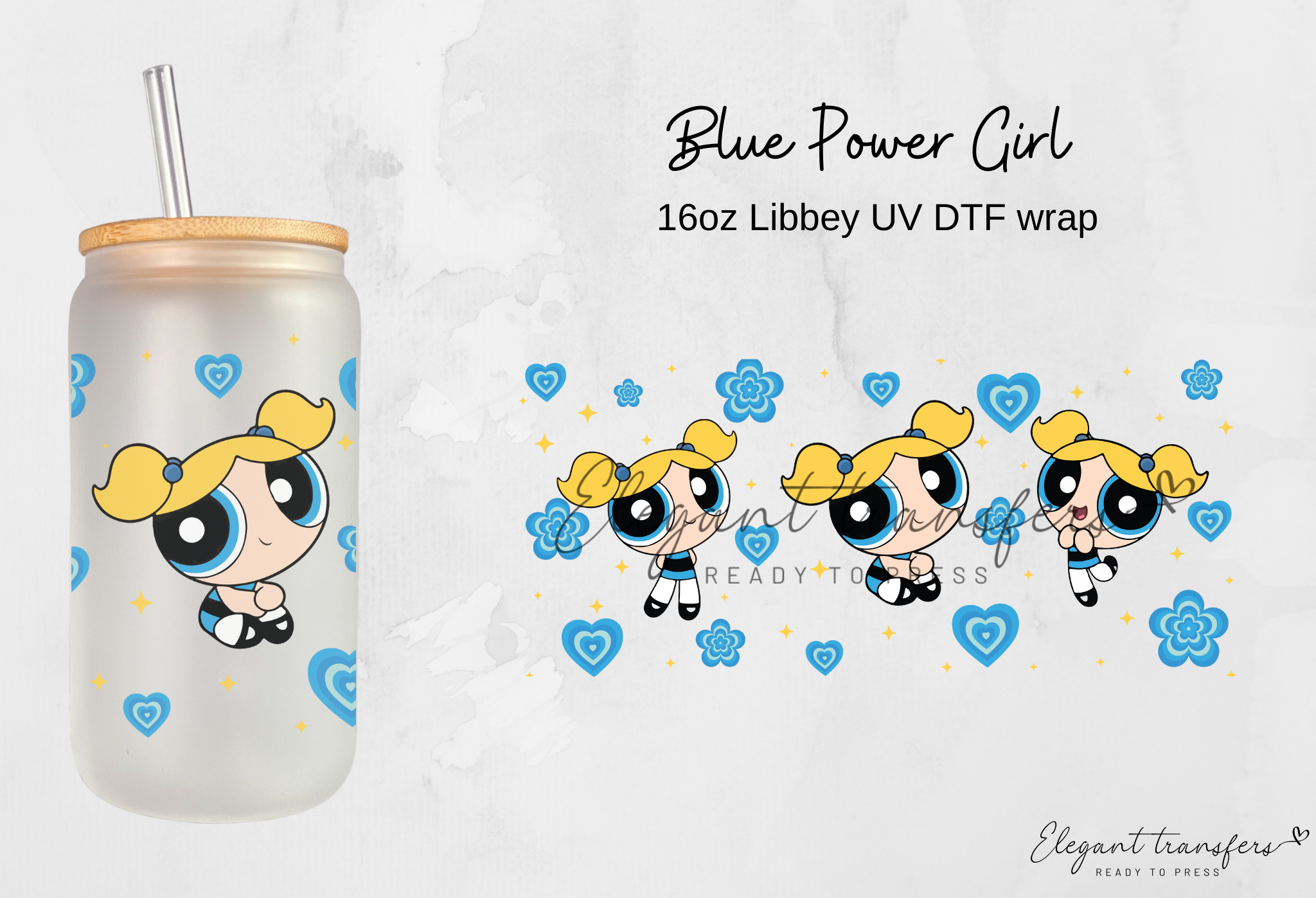 Blue Power Girl Wrap [UV DTF - 16oz Libbey Glass Can] | Ready to Apply ...