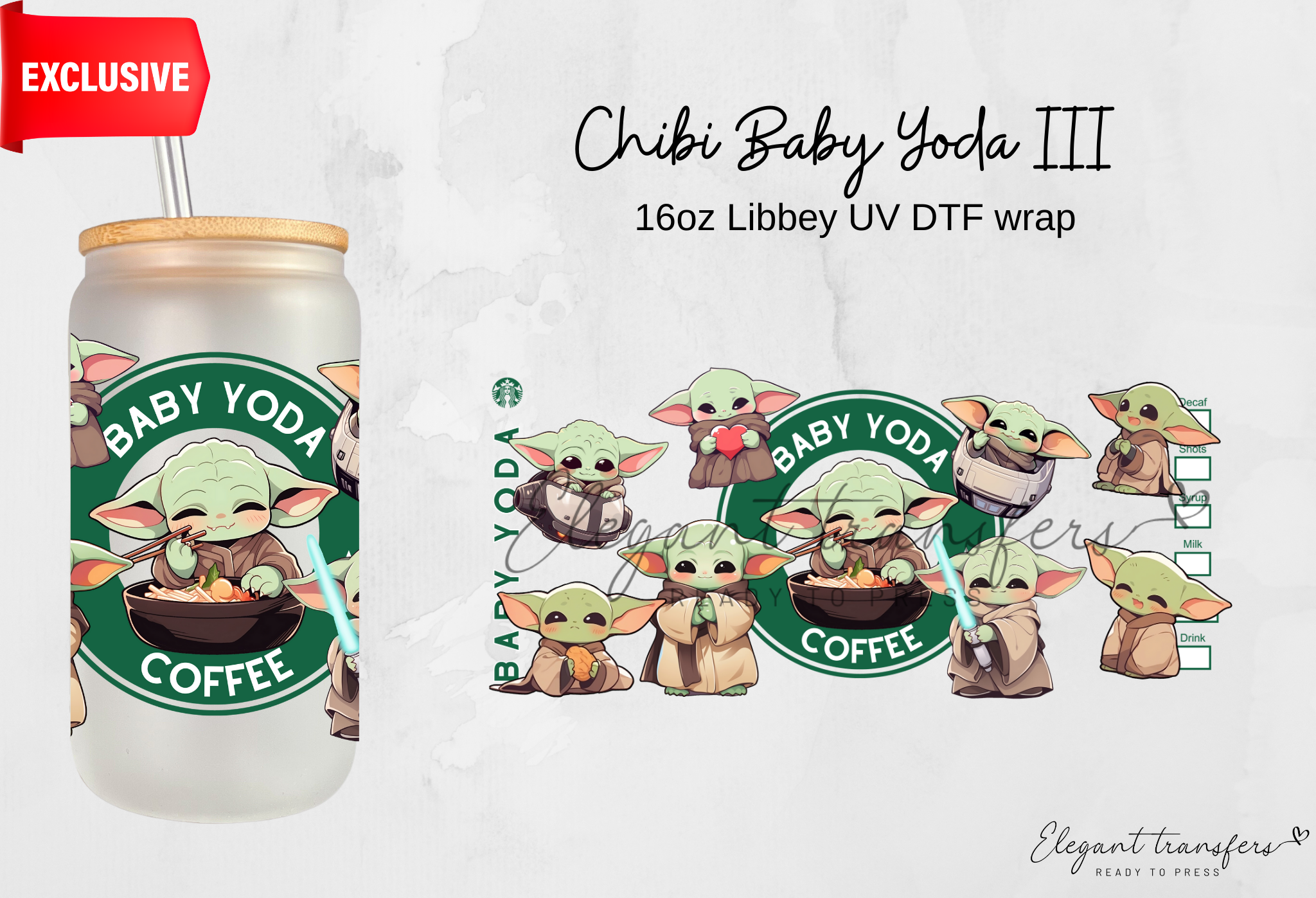 Chibi Baby Yoda III wrap [Exclusive Uv Dtf - 16oz Libbey Glass Can ...
