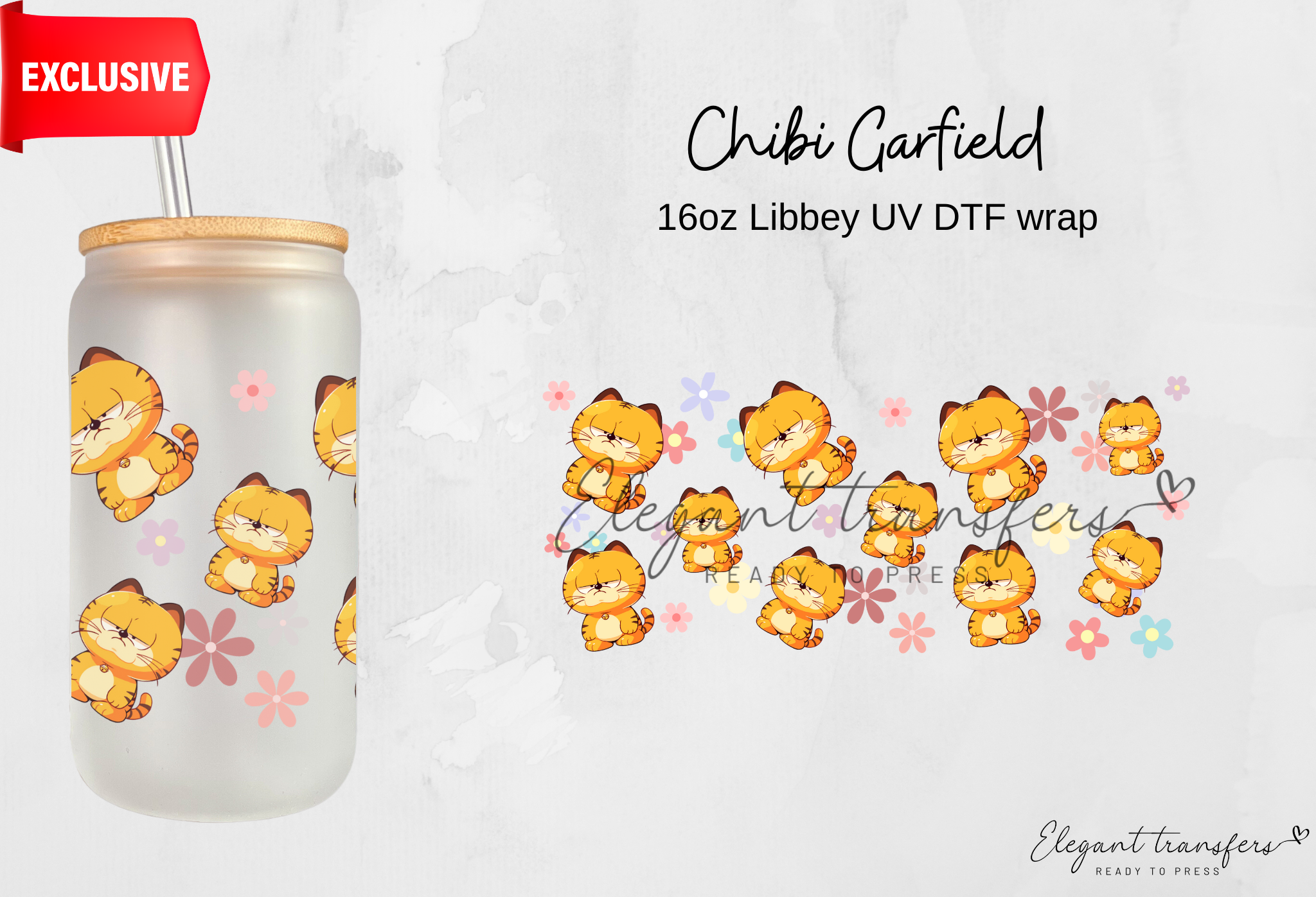 Chibi Garfield Wrap [EXCLUSIVE UV DTF - 16oz Libbey Glass Can] | Ready ...